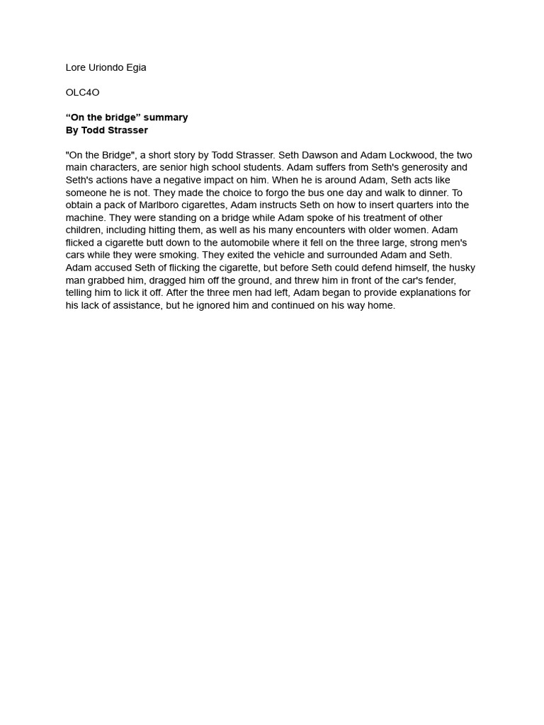 "On The Bridge" Summary by Todd Strasser | PDF