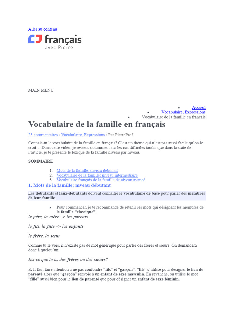 Vocabulaire de la Famille en Français | PDF | Lexique | Genre grammatical