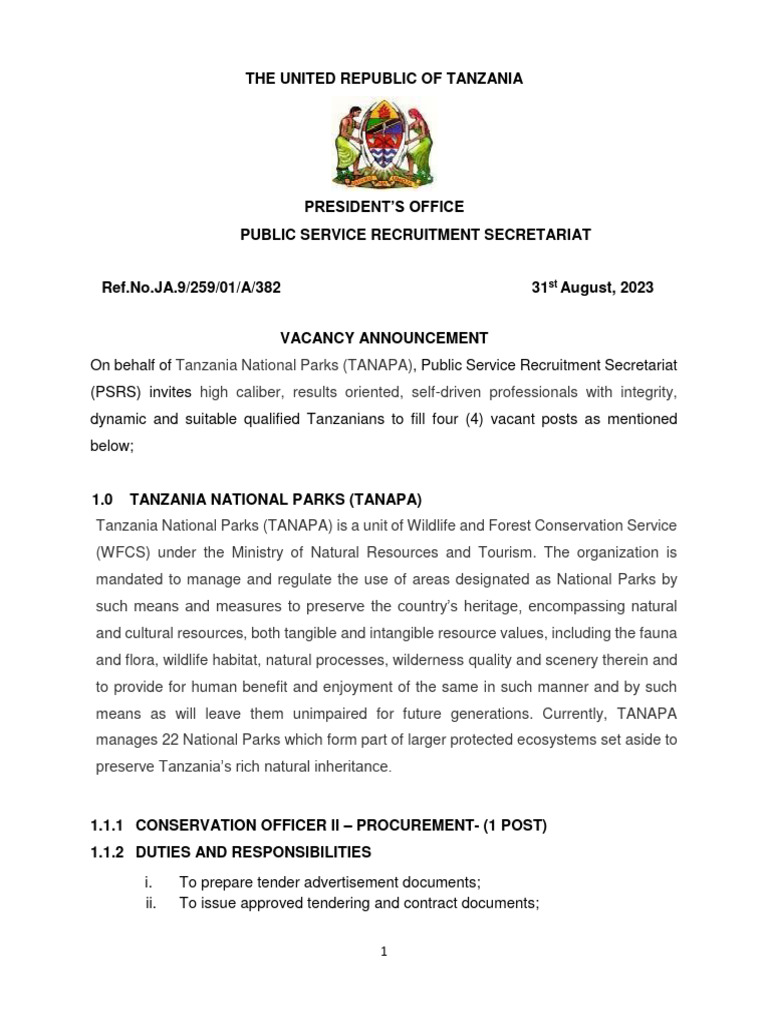 TANAPA Job Vacancies 2025 Announcement | PDF | Procurement | Diploma