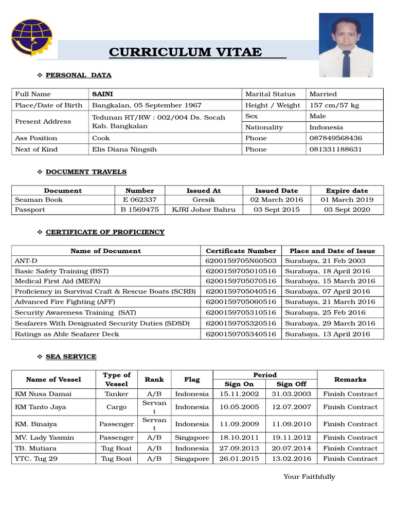 Contoh CV Pelaut | PDF | Sailor | Freight Transport