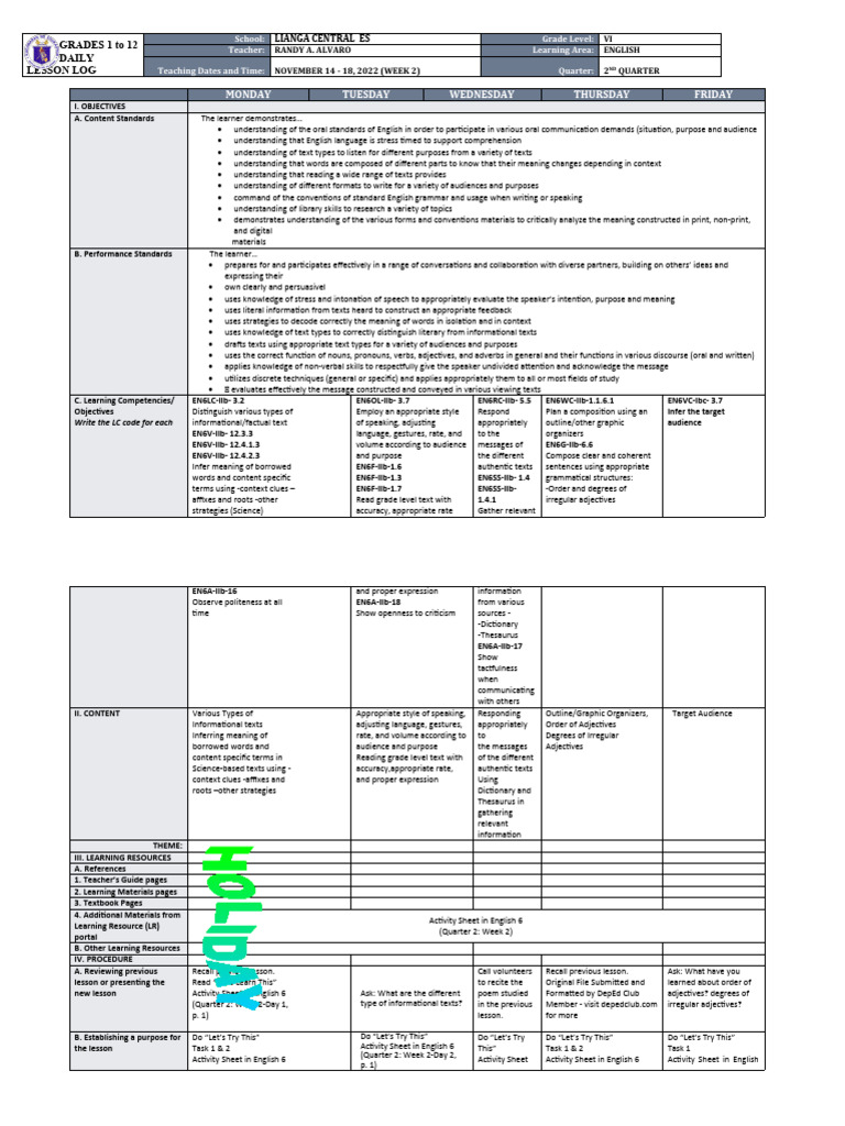 DLL - English 6 - Q2 - W2 | PDF | Reading Comprehension | Cognition