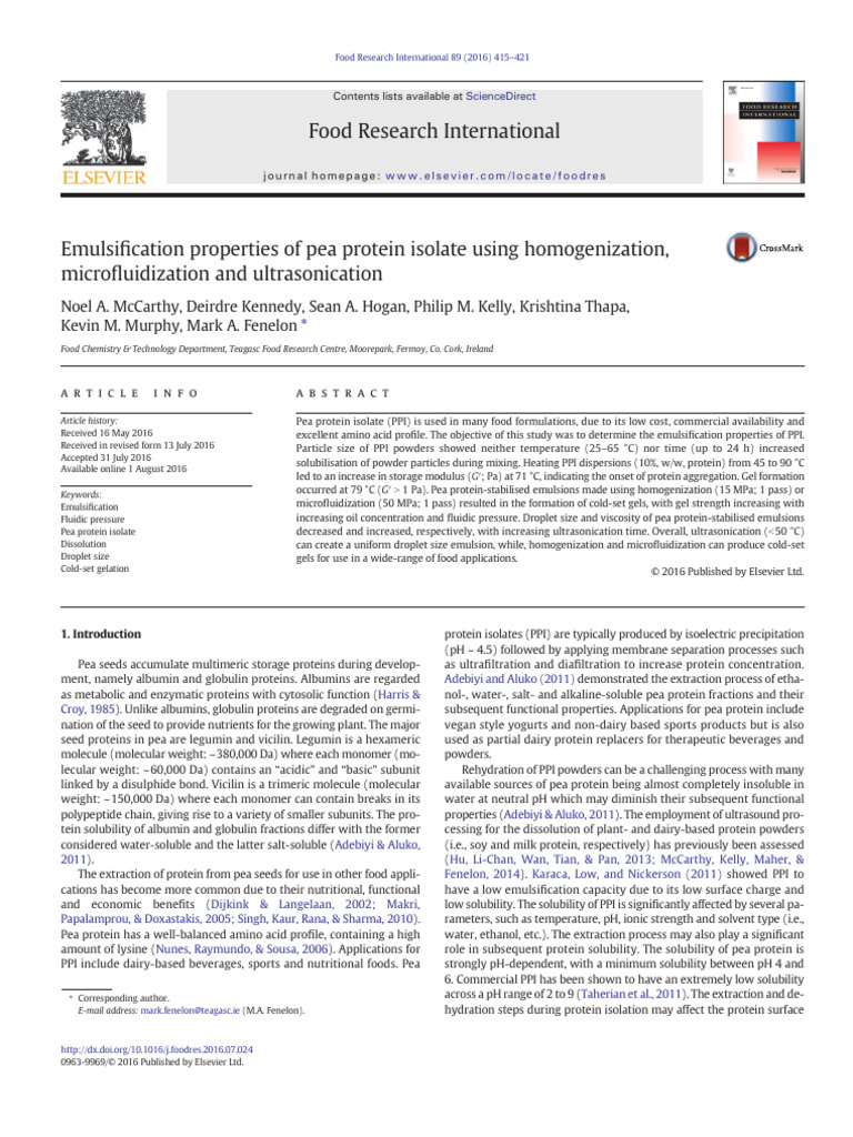 Emulsification Properties Of Pea Protein Isolate Using Homogenization Microfluidization And