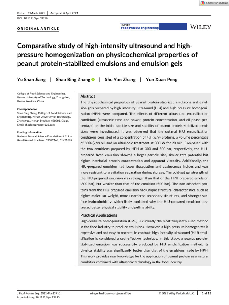 J Food Process Engineering - 2021 - Jiang - Comparative Study of High ...
