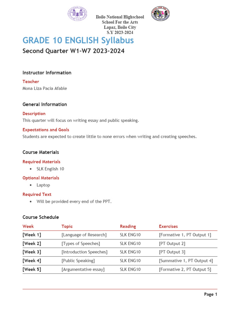 English 10 Syllabus 2023 2024 | PDF