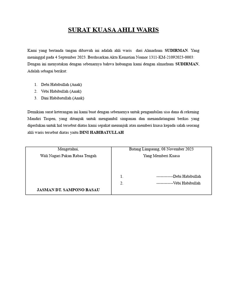 Surat Kuasa Ahli Waris | PDF