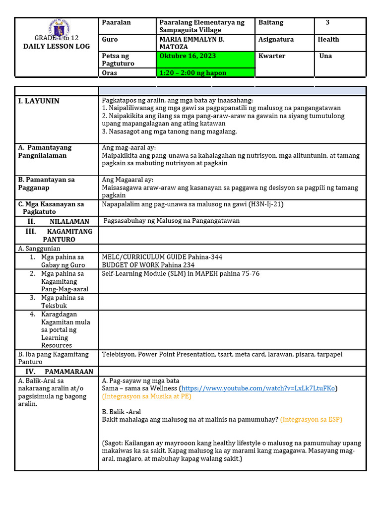 DLL 2023 2024 Co1 Health3 | PDF