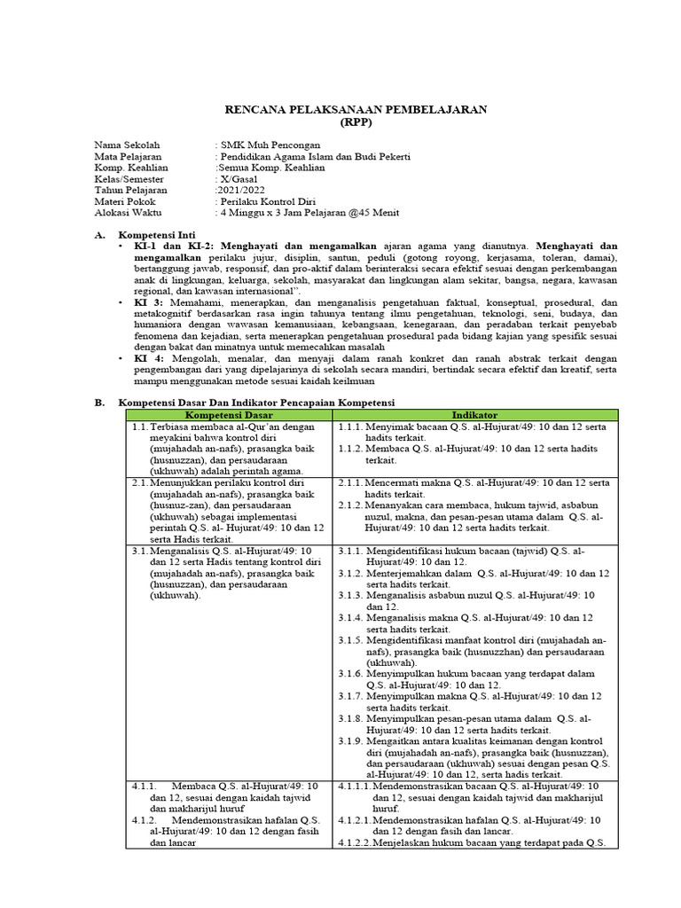X. RPP 1 Kontrol Diri | PDF