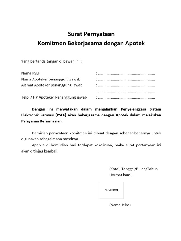 Contoh Surat Pernyataan Komitmen Bekerjasama Dengan Apotek | PDF
