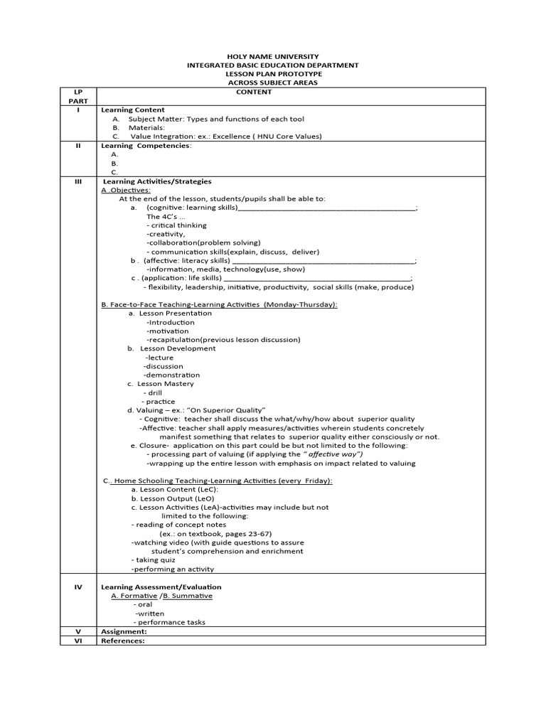 Lesson Plan Prototype Across Subject Areas 1 | PDF | Lesson Plan | Learning