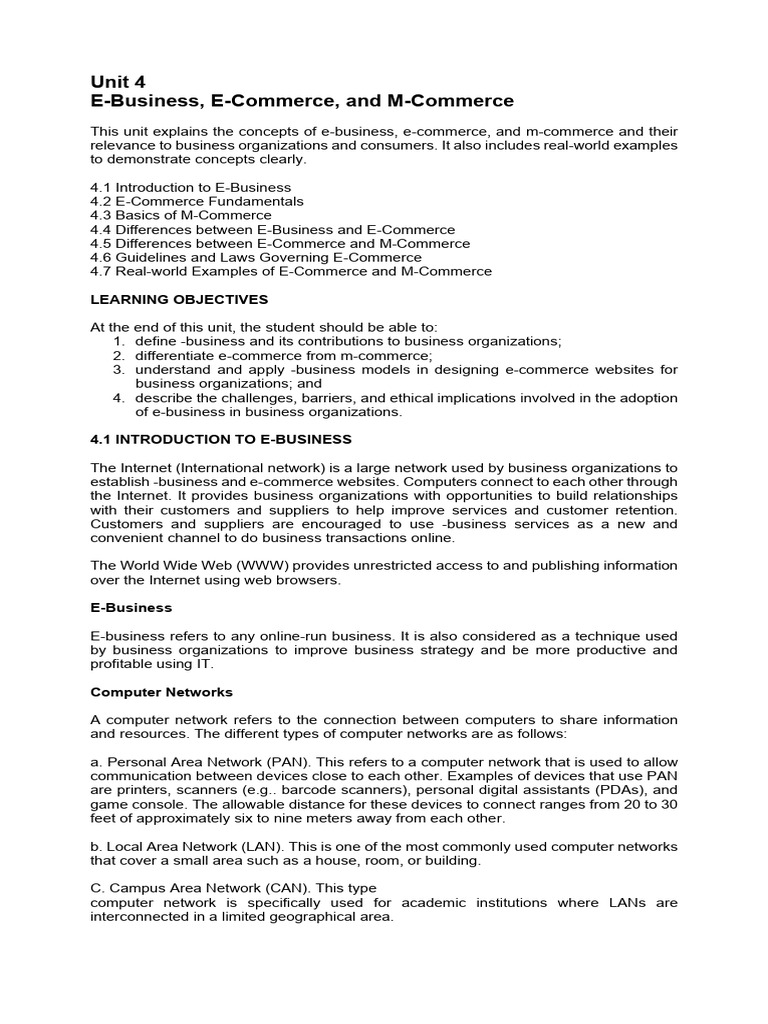 Unit 4 E-Business, E-Commerce, and M-Commerce | PDF | E Commerce | Computer Network