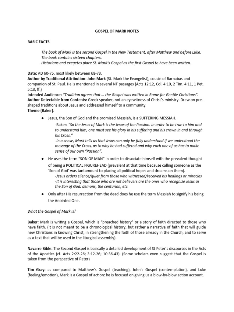 Gospel of Mark Notes | Download Free PDF | Jesus | Gospel Of Mark