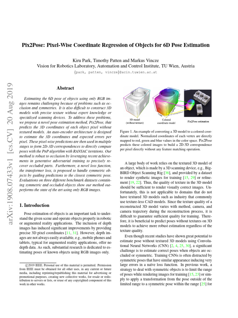 Pix2Pose: Pixel-Wise Coordinate Regression of Objects For 6D Pose Estimation | PDF | 3 D ...
