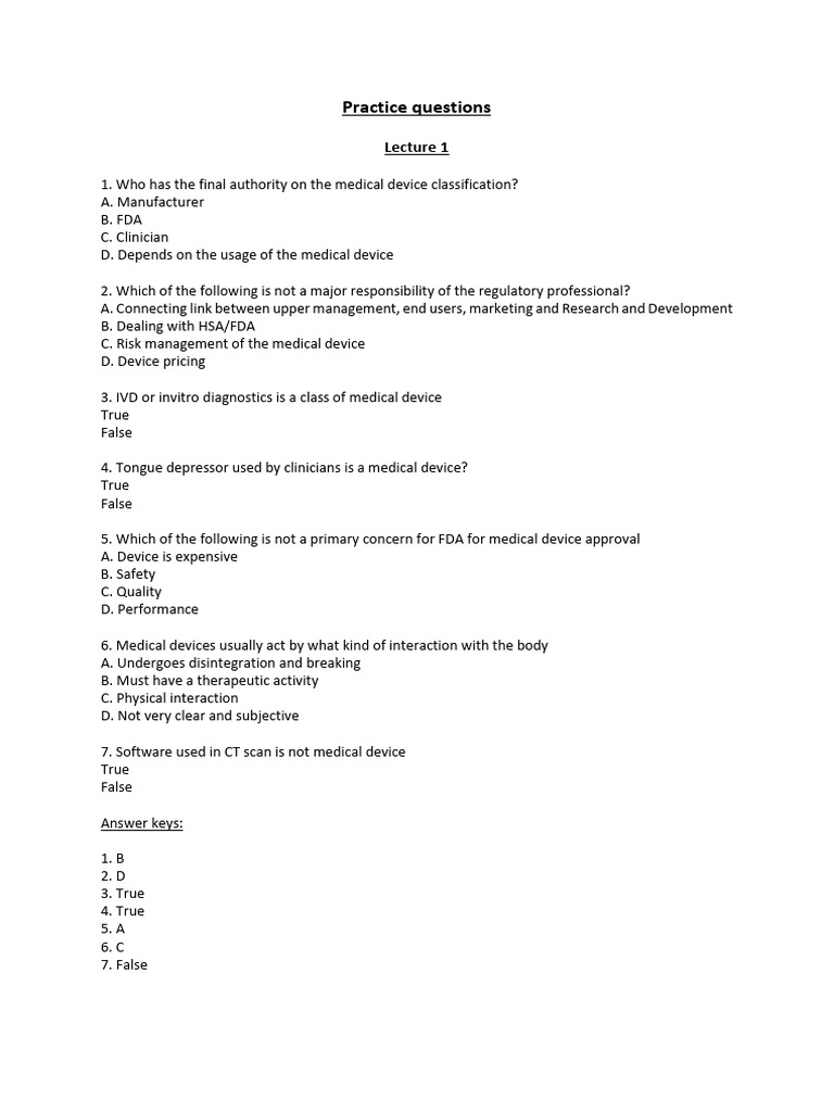 Medical Device MCQs with Answers | PDF | Medical Device | Food And Drug ...