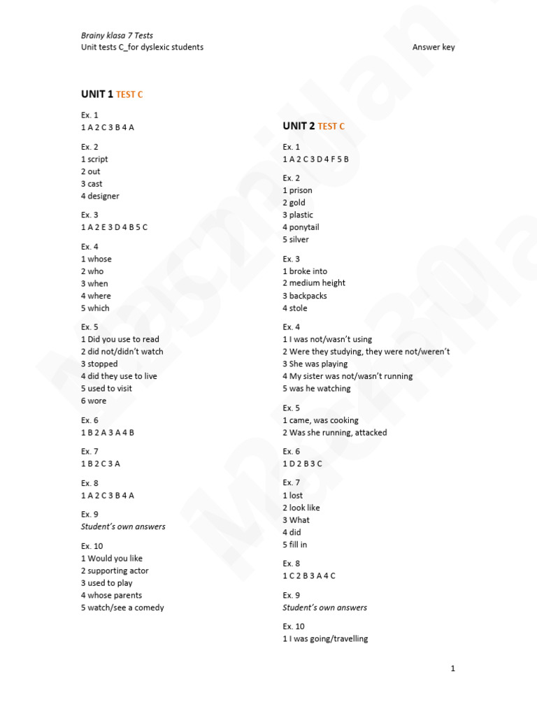 Brainy Kl7 Unit Tests C Answer Key | PDF