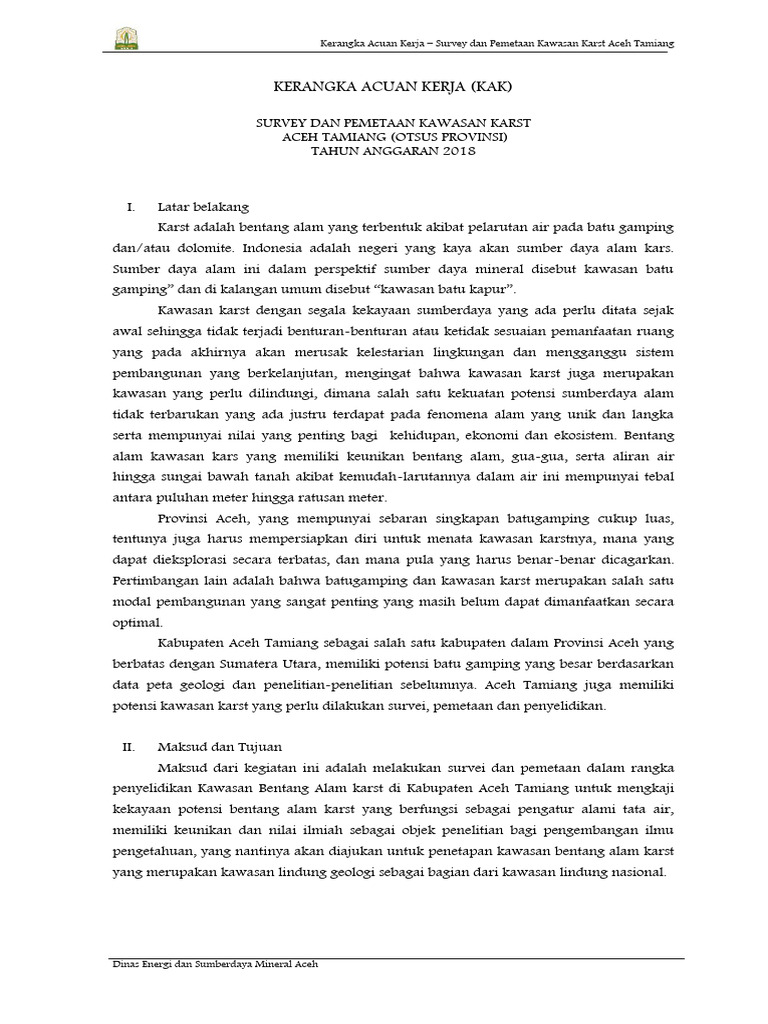 3 - TOR Survey Dan Pemetaan Kawasan Karst Aceh Tamiang | PDF | Ilmu Sosial