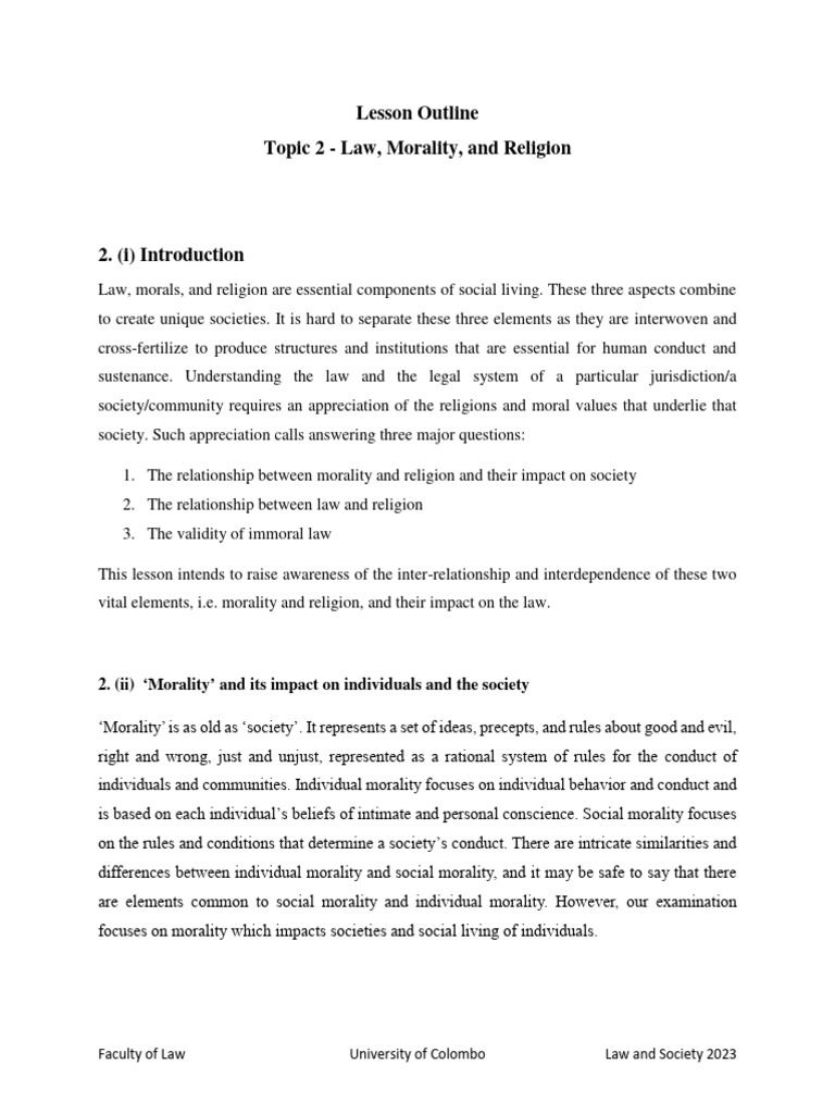 Lesson Outline - Topic 2 (Law, Morality, and Religion) | PDF | Morality | Good And Evil