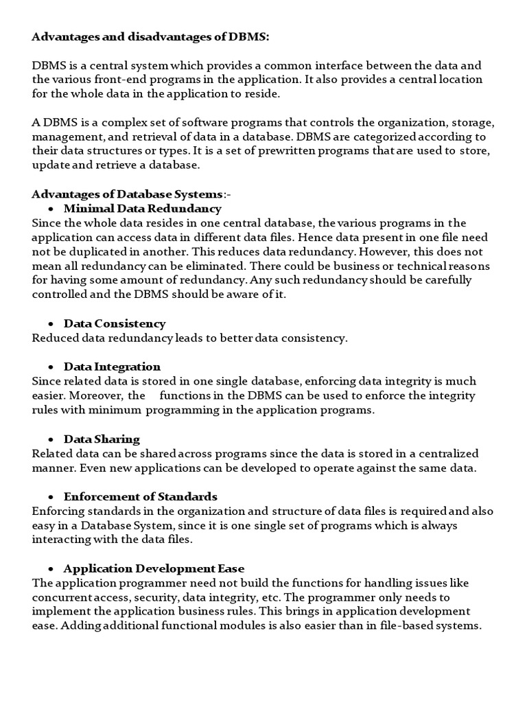 DBMS Pros and Cons Explained | PDF | Databases | Computer Engineering