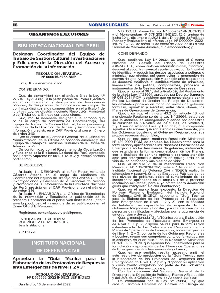 RJ 002-2022-INDECI - Guía Técnica para Elabarar PROTOCOLOS de Respuesta N-1 2 y 3 | PDF | Perú ...