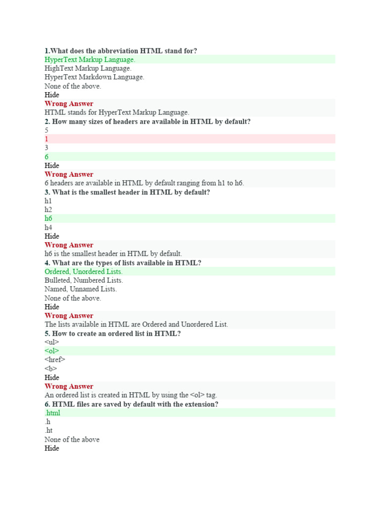 One Mark in Basic HTML (Set 1) | Download Free PDF | Html Element | Html