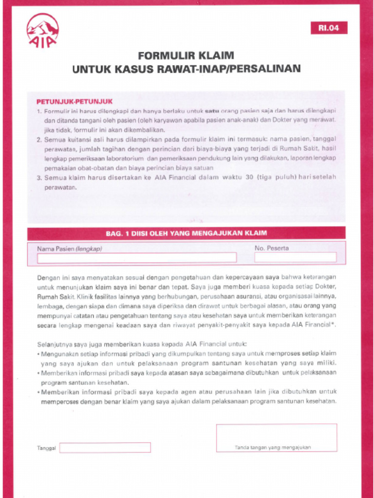Form Klaim Rawat Inap | PDF