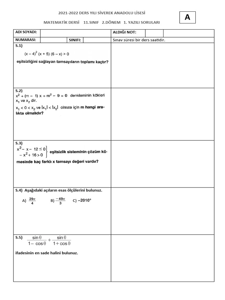2021-2022 11. S N F Matematik 2. D Nem 1. Yaz L Sorular | PDF