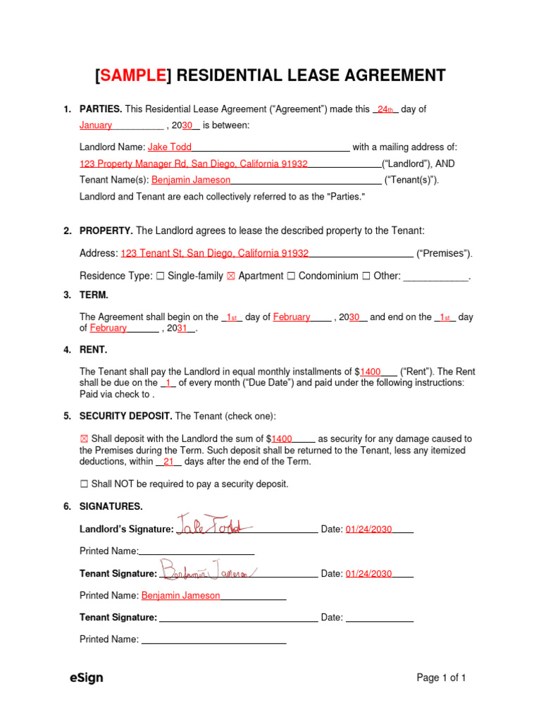 Sample Simple 1 Page Residential Lease Agreement | PDF