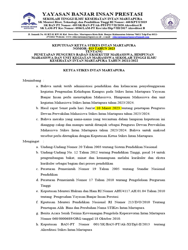 Pengurus DPM STIKes Intan Martapura 2023/2024 | PDF