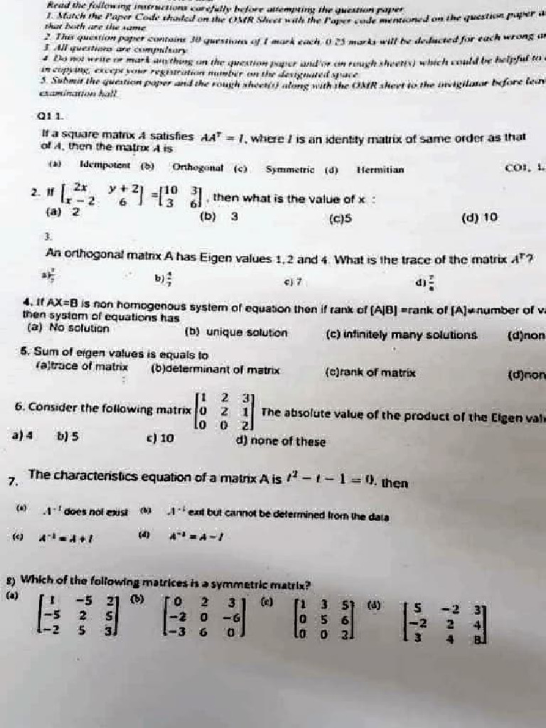 Sample Paper1 | PDF | Matrix (Mathematics) | Equations