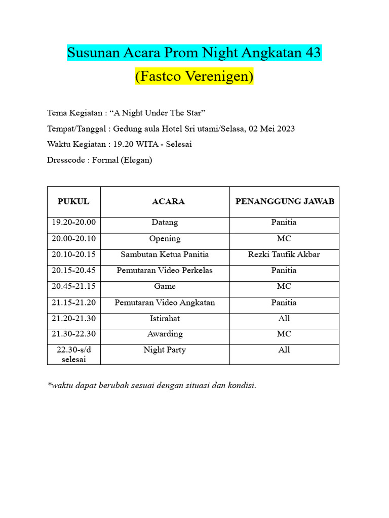 Susunan Acara Prom Night Angkatan 43 | PDF