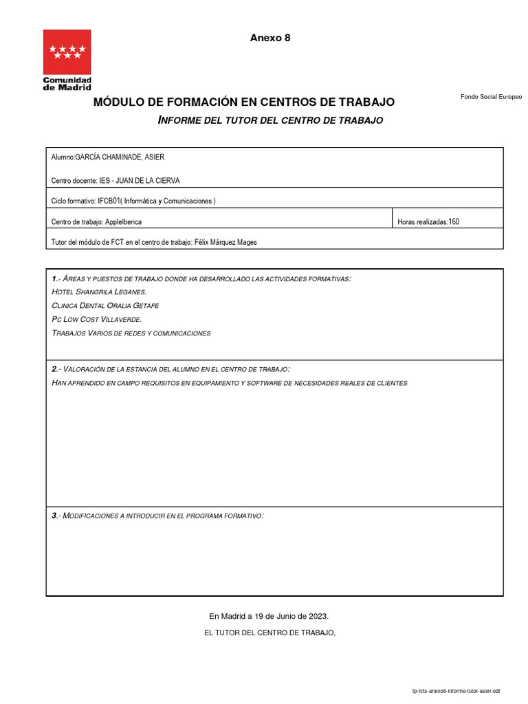 Informe Tutor Centro Trabajo Asier | PDF | Negocios