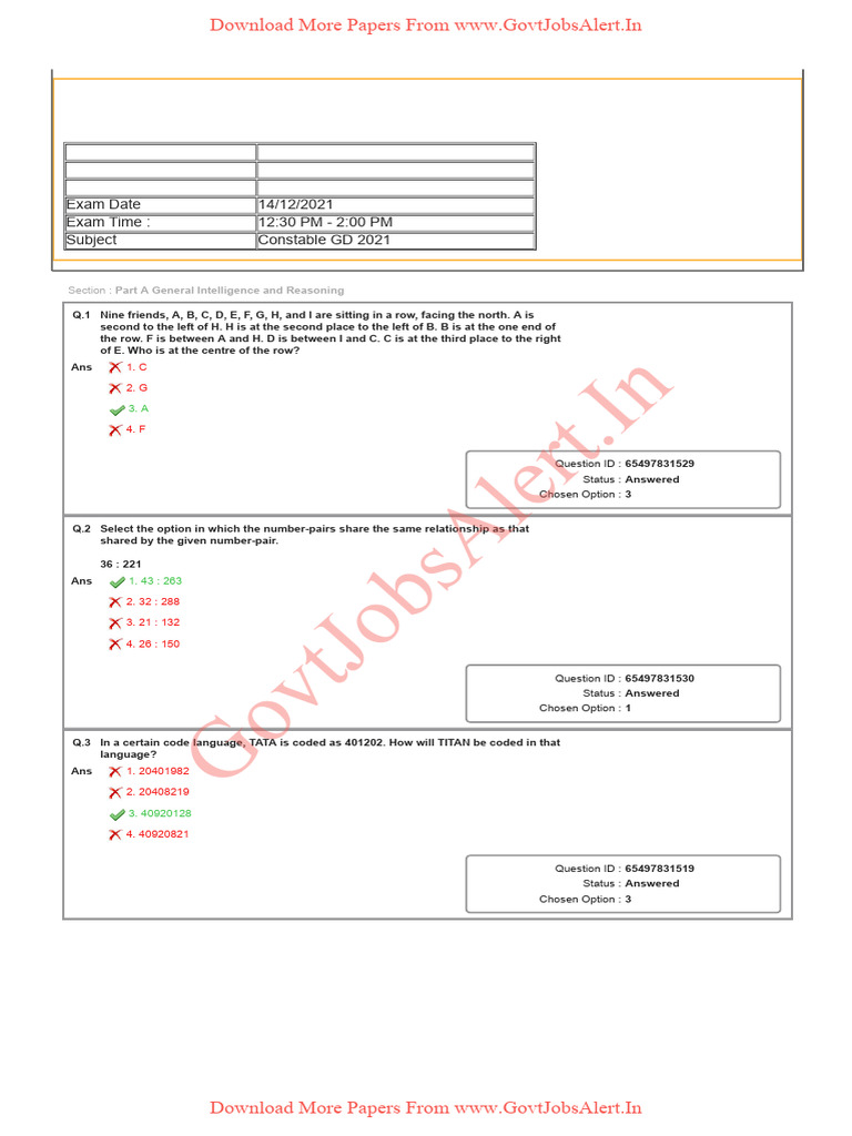 Constable GD 2021 Reasoning Test | PDF