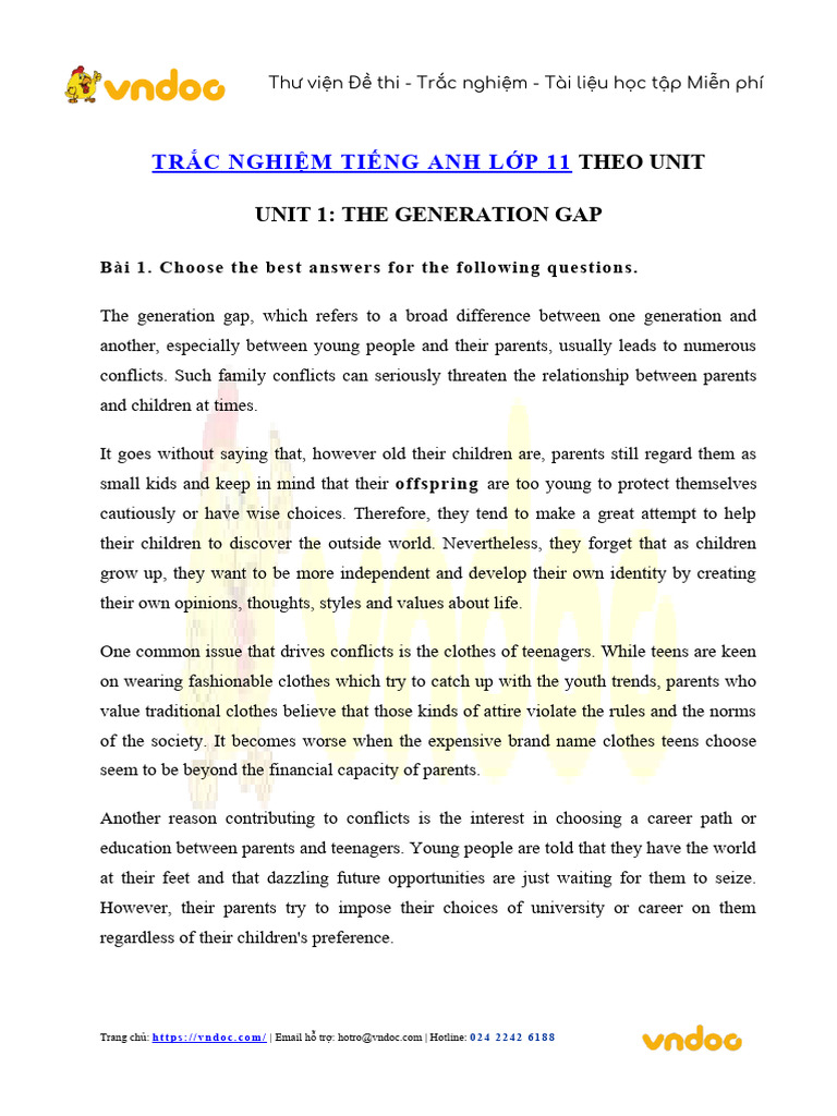 Trac Nghiem Reading Tieng Anh Lop1 Unit The Generation Gap 2 | PDF | Adolescence | Clothing