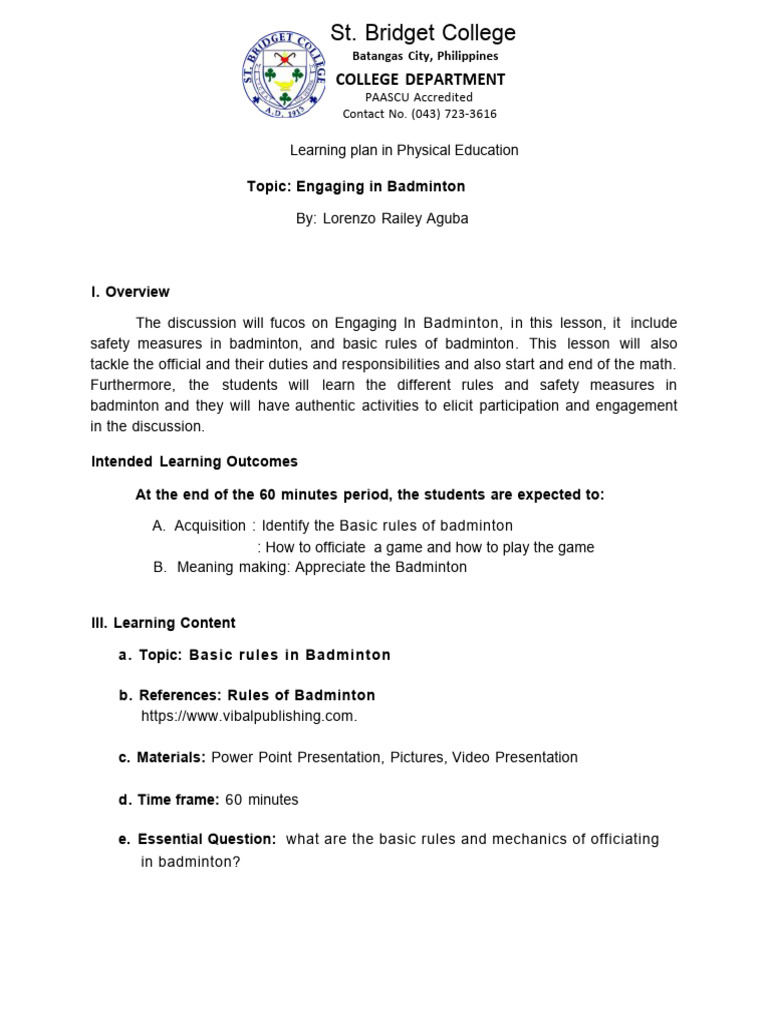 Badminton Lesson Plan Overview | PDF