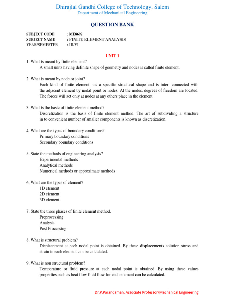 ME8692 FEA 2 Marks Q&A | PDF | Finite Element Method | Stress (Mechanics)