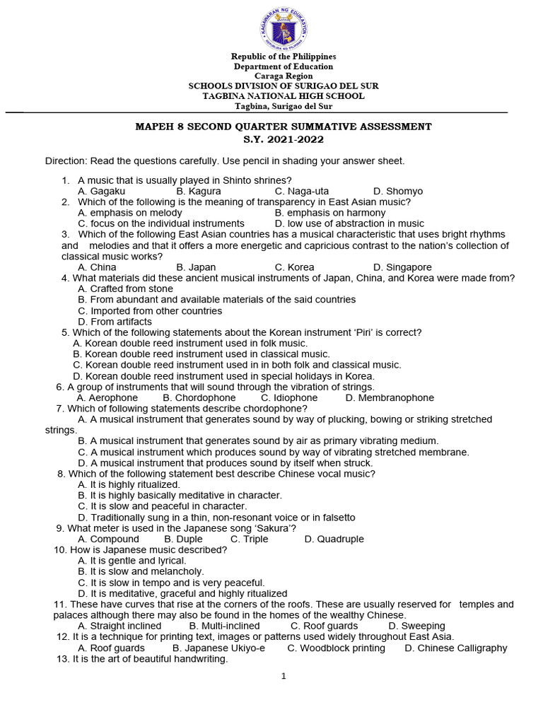 MAPEH 8 Summative 2nd Quarter | PDF | Pregnancy | String Instruments