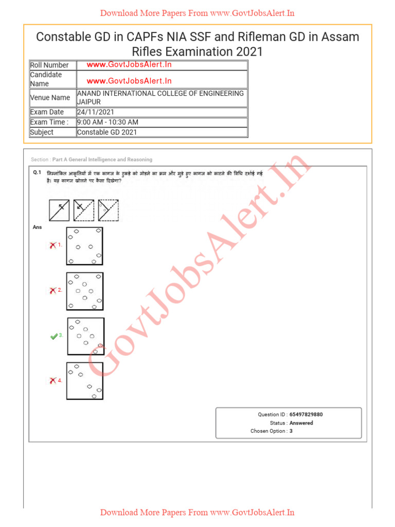 SSC GD Paper 2021 in Hindi - Set 61 | PDF