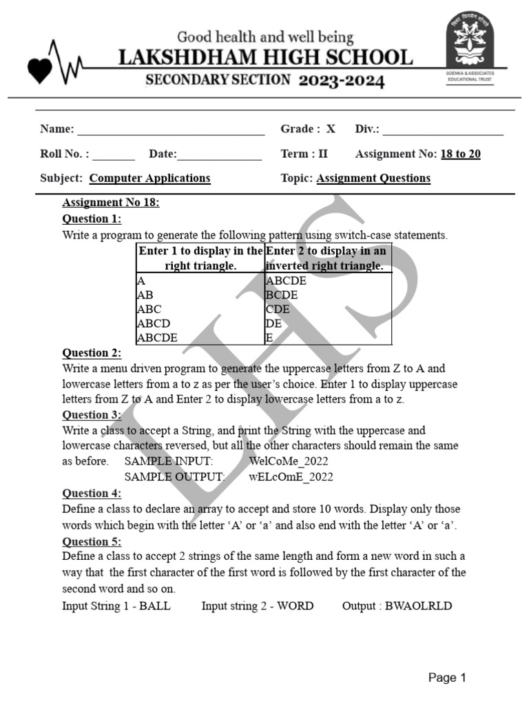 18 To 20 - X Assignments | PDF | String (Computer Science) | Letter Case