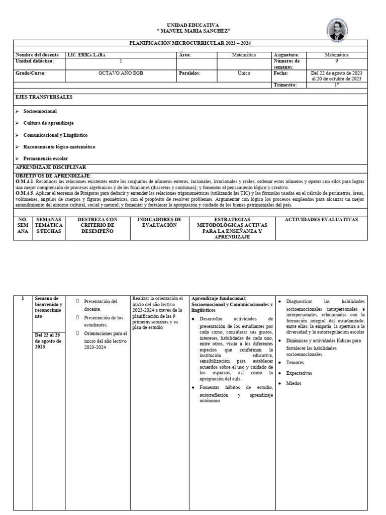 Planificación 9 Semanas Matemática OCTAVO EGB-1 | PDF | Ecuaciones ...