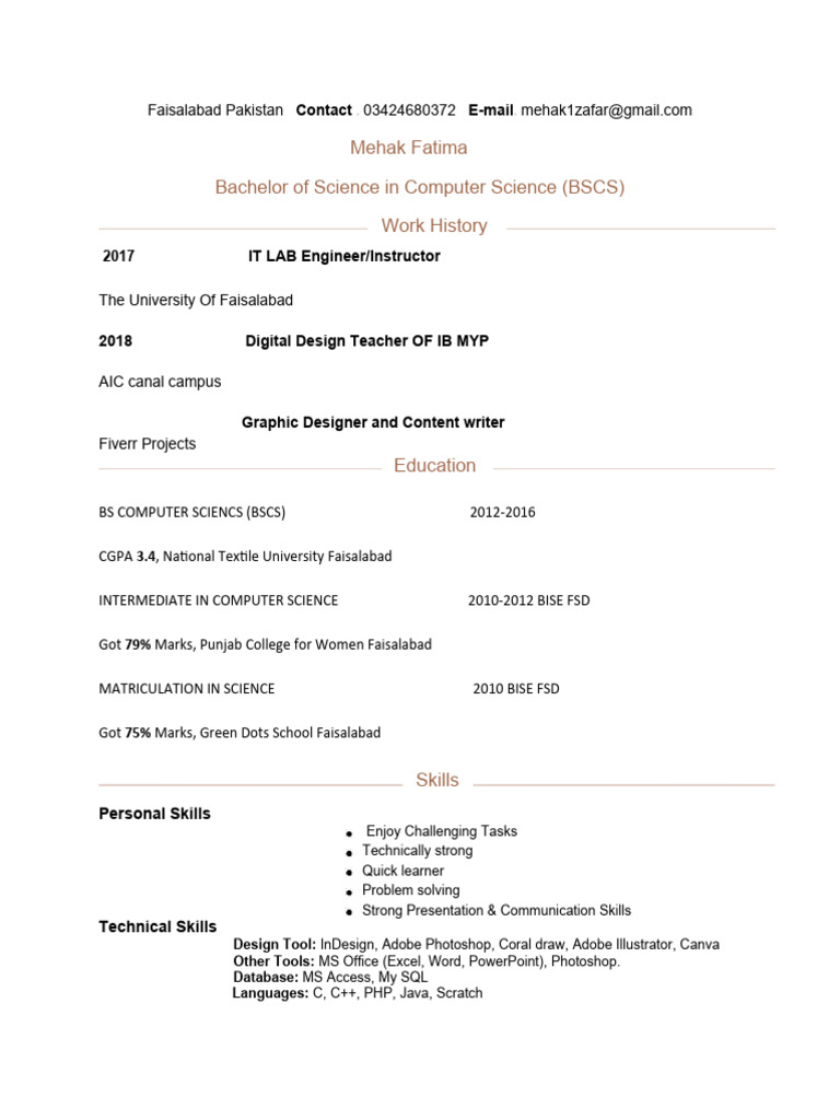Mehak Fatima Bachelor of Science in Computer Science (BSCS) Work History | PDF