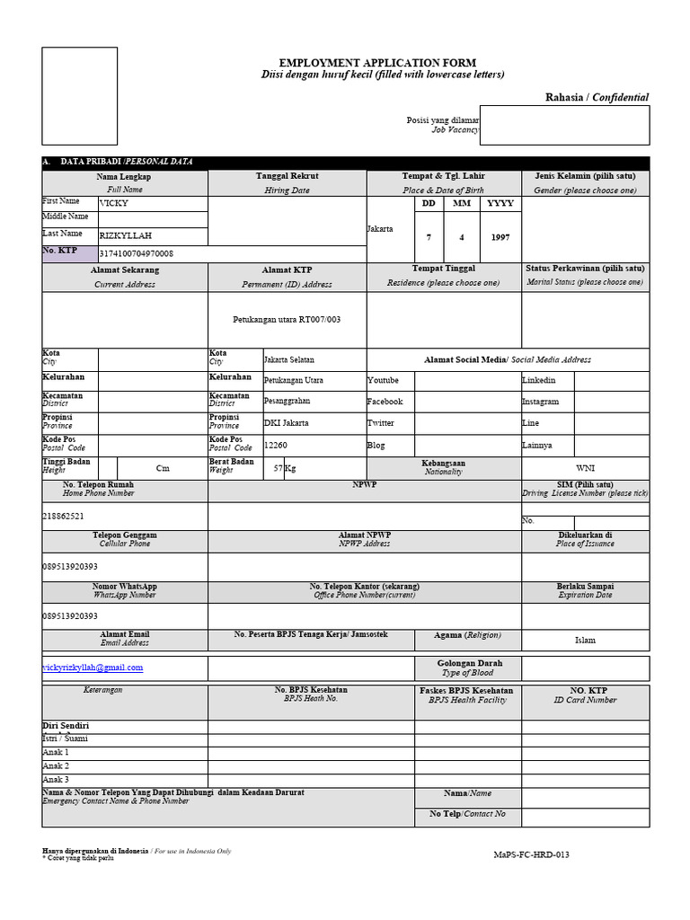 MaPS FC HRD 013 Employee Application Form | PDF