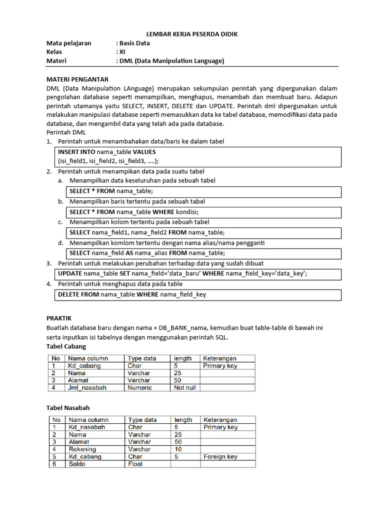LEMBAR KERJA Basis Data - DML | PDF
