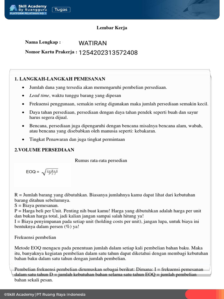 Uk-Tugas Perencanaan Pemesanan-Watiran | PDF