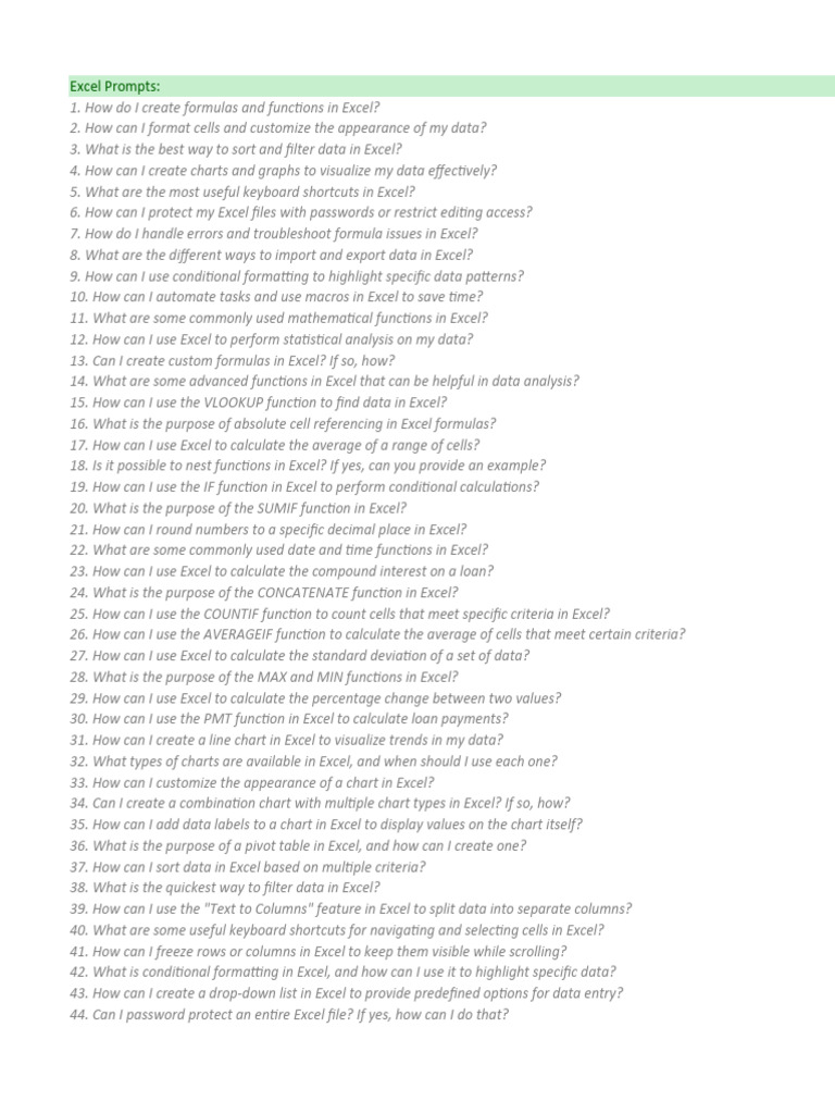 Excel Prompts | PDF | Microsoft Excel | Data Analysis
