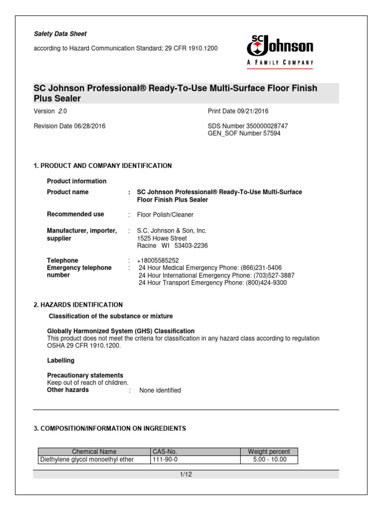 SC-Johnson-Complete - Floor-Finish | PDF | Occupational Safety And ...