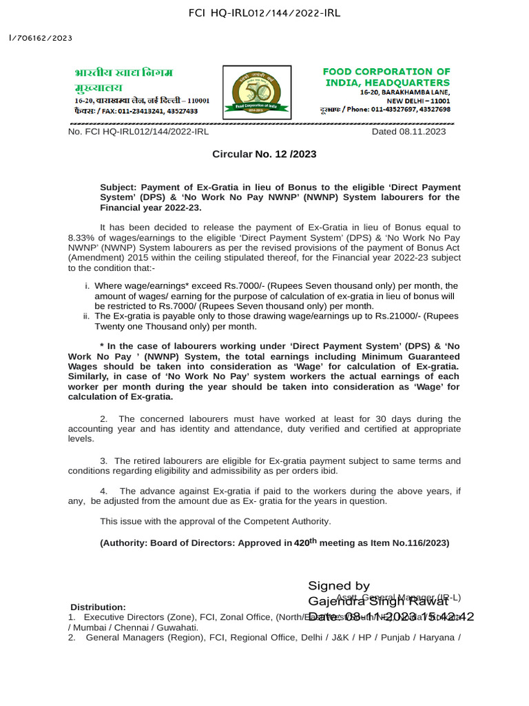 Circular No. 12 of 2023 Ex Gratia To DPS NWNP | PDF | Wage | Government