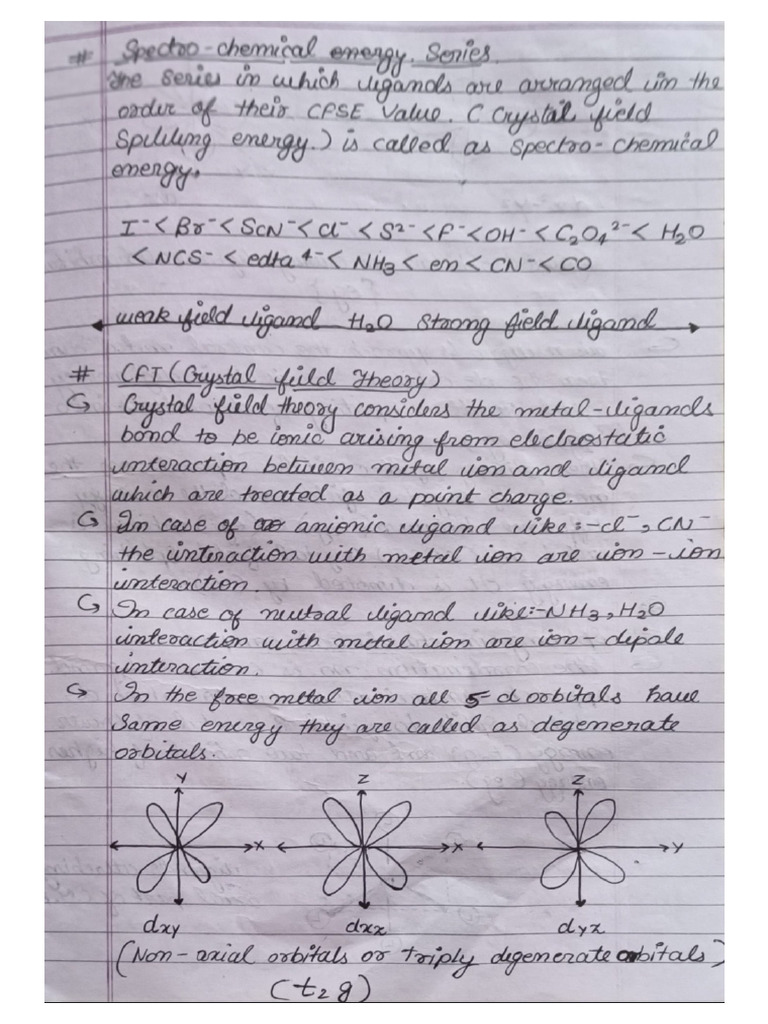 Crystal Field Theory (CFT) in Coordination Compounds Class Notes | PDF