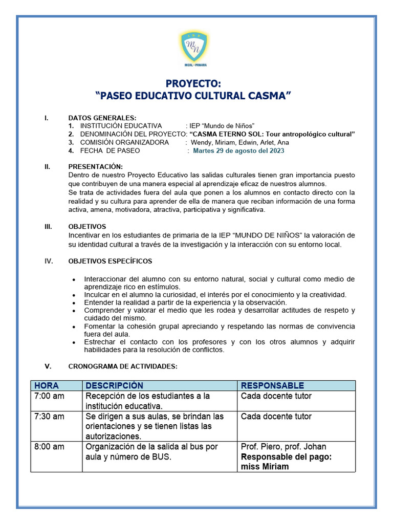 PROYECTO - Paseo Casma | PDF | Aprendizaje | Salón de clases