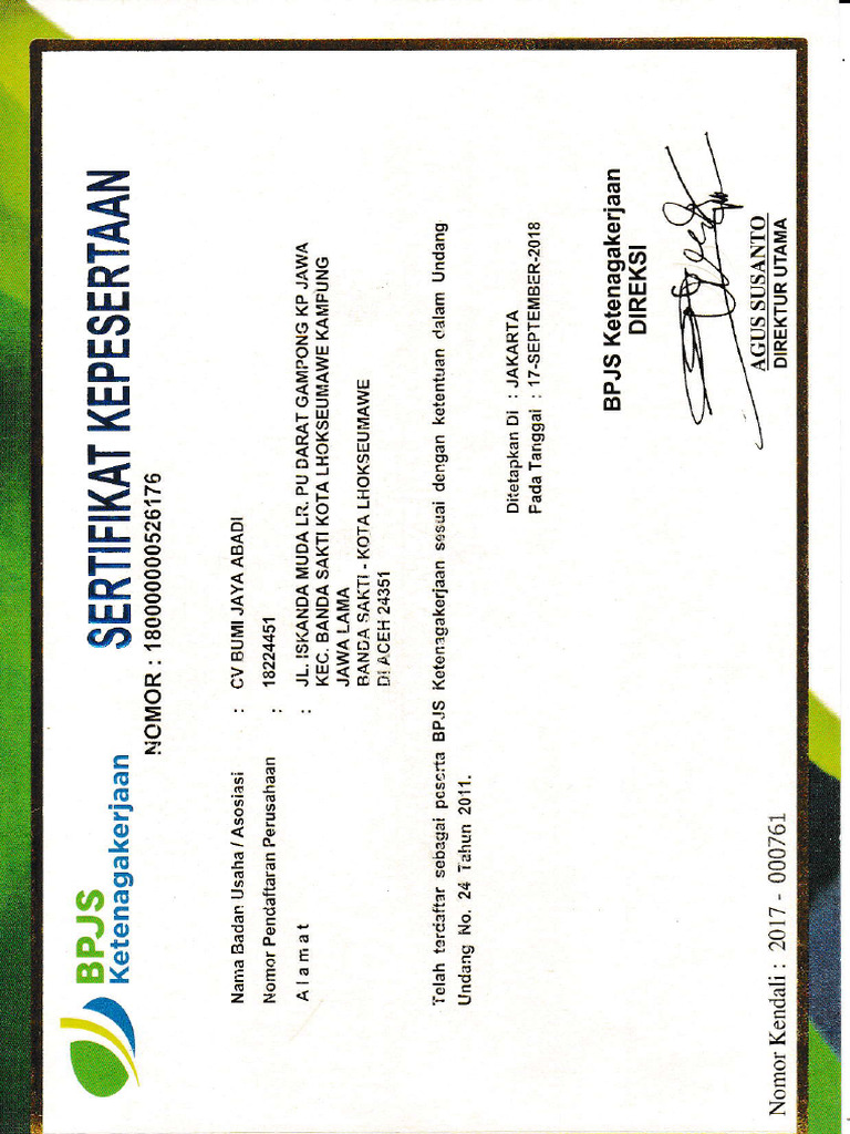 Sertifikat BPJS Tenaga Kerja | PDF