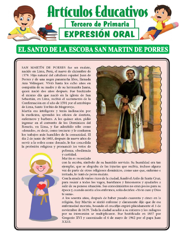 El Santo de La Escoba San Martin de Porres para Tercero de Primaria | PDF
