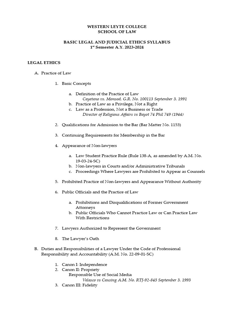 Basic Legal and Judicial Ethics Syllabus | PDF | Lawyer | Judge